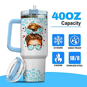 99OWL Nurse Coffee Messy Bun, Tumbler 40 Oz With Handle Lid And Straw, Tumblers Nurses Women Cups Student For Funny White Navy Blue Leopard Travel Nursing Er School, Nurse Gifts