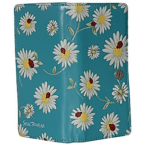Shag Wear Women's PU Vegan Leather Card Holder Slim Trendy Snap Closure Large Bifold Clutch Wallet with 11 Credit Card Slots, 1 Clear ID Pocket, and 1 Zipper Pocket (Daisies and Ladybugs, Teal)