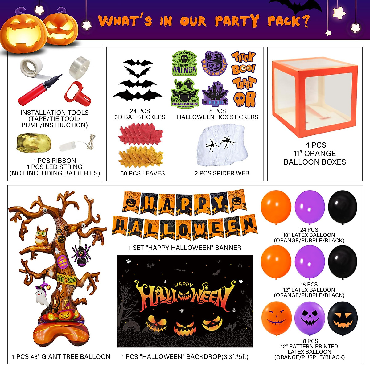Party Spot! 157 Pcs Halloween Party Decorations Kit, 43" Giant Tree Balloon, 4 Balloon Boxes, Happy Halloween Banner, 60 pcs Balloons, Artificial Leaves, Halloween Party Supplies, Halloween Favors Set