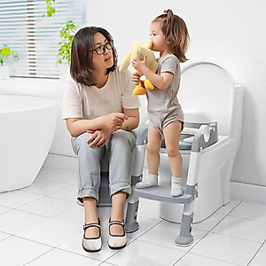 Potty Training Seat with Step Stool Ladder, Toddlers Potty Training Toilet for Kids Boys Girls (Gray/White)
