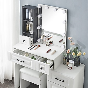 Abesthink Vanity Table,Vanity Dressing Table with Mirror and Charging Station,Makeup Vanity with Lights and Drawers,Vanity Desk with Mirror and Stool,Shelves,White