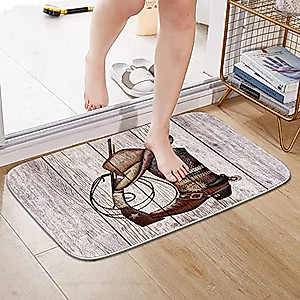 Farmhouse Wooden Plank Leather Boots Western Cowboy Bathroom Rugs and Mats Sets 3 Piece, Memory Foam Bath Mat, U-Shaped Contour Shower Mat Non Slip Absorbent, Velvet Toilet Lid Cover Washable