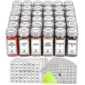 SWOMMOLY 36 Glass Spice Jars with 806 White Spice Labels, Chalk Marker and Funnel Complete Set. Square Bottles 4 oz Empty Spice Containers, Airtight Cap, Pour/sift Shaker Lid