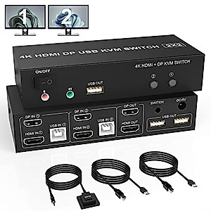 KVM Switch Dual Monitor Display Port and HDMI 4K@60Hz Extended Display KVM Switch 2 Monitors 2 Computers with Audio Microphone Output and 3 USB Ports, PC Monitor Keyboard Mouse Switcher