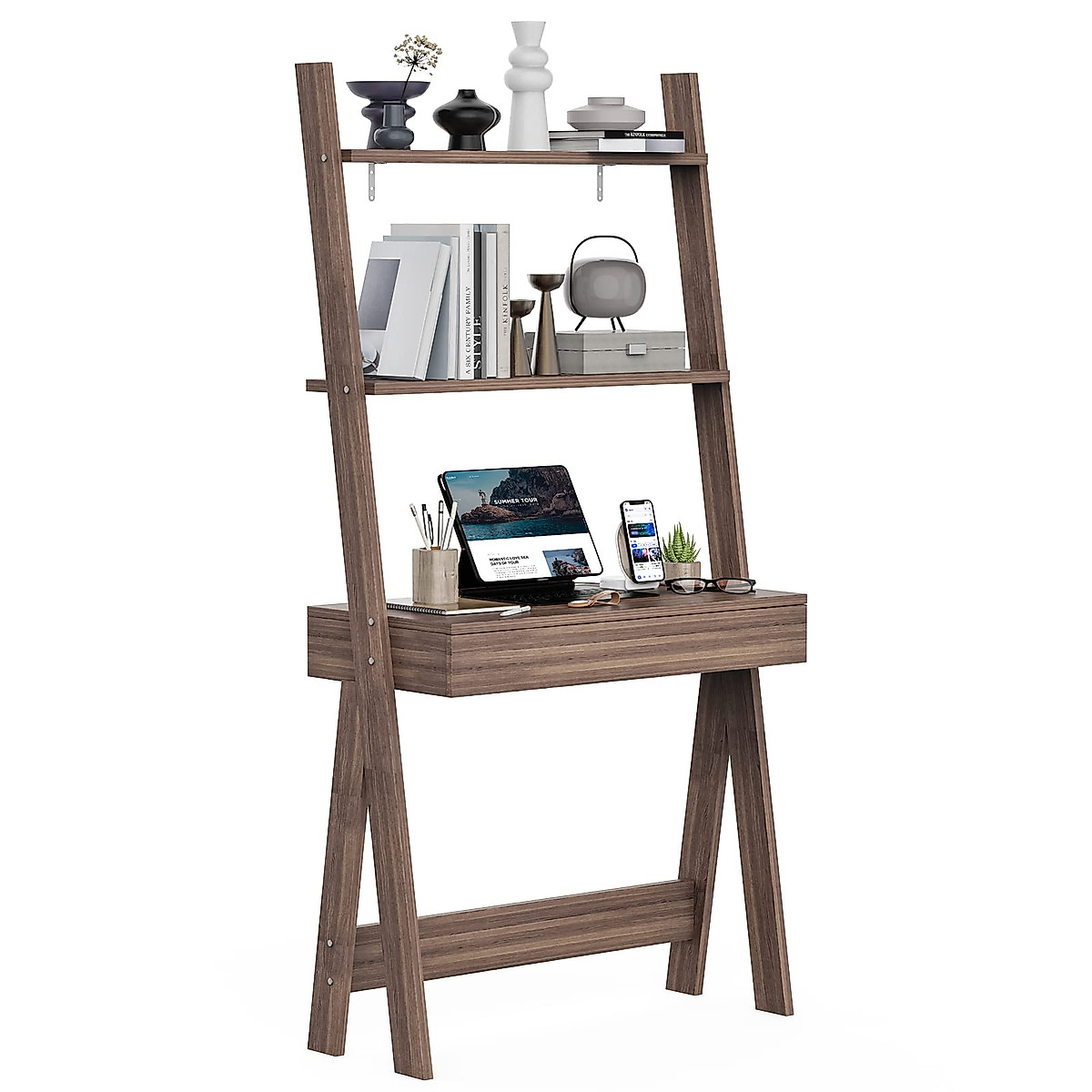 Giantex 3 Tier Ladder Desk with Drawer, 33" Width Walnut Ladder Shelf with Anti-Tipping Device, Freestanding Bookshelf, Leaning Computer Desk with Shelves for Small Space