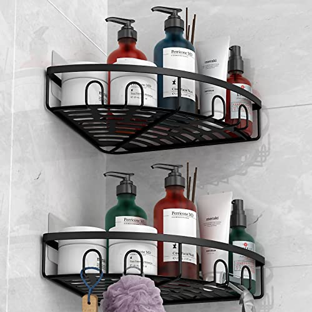 Kerisgo Corner Shower Caddy, 2 Pack Adhesive Bathroom Shower Corner Organizer Shelf, No Drilling Rustproof Wall Mounted Shower Storage Rack Shampoo Holder Organizer (Black)