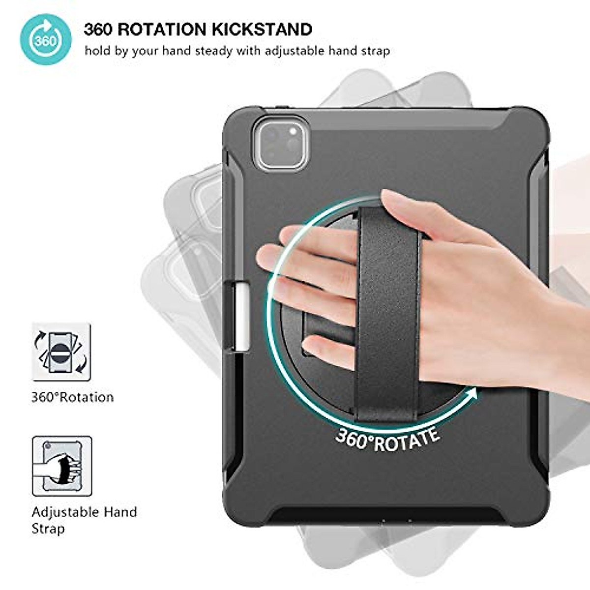 ProCase Rugged Case for iPad Pro 12.9 2020 2018 [Support Apple Pencil 2 Charging], Heavy Duty Kickstand Protective Cover for iPad Pro 12.9" 4th Generation 2020 / 3rd Gen 2019 -Black