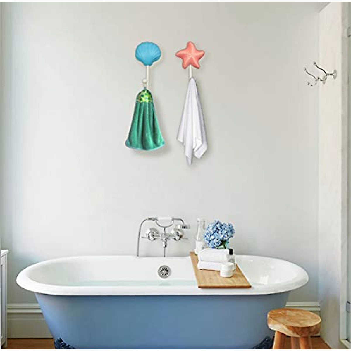 Quluxe Beach Decor 3D Seashell Conch Starfish Wall Hooks Towel Rack for Bathroom, Bedroom or Kitchen Coastal Theme Beach House Decor- Blue (Pack of 3)