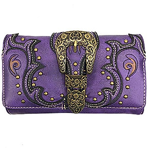 Justin West Patina Girl Western Bronze Floral Buckle Conceal Carry Handbag Purse Tote and Strap Wallet (Purple Hobo Wallet Set)