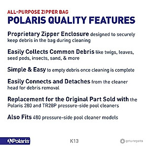 Polaris Genuine Parts K13 All-Purpose Zipper Replacement Debris Bag, For Automatic Pressure Pool Cleaner Vac-Sweep 280