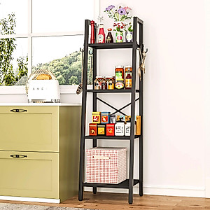 YMYNY 4 Tiers Ladder Bookcase, Industrial Narrow Bookshelf, Open Display Rack with 4 S Hooks, Metal Storage Shelves for Bedroom, Home Office, Living Room, Black, 49.2H*13.4L*11.8W, UHBC024B