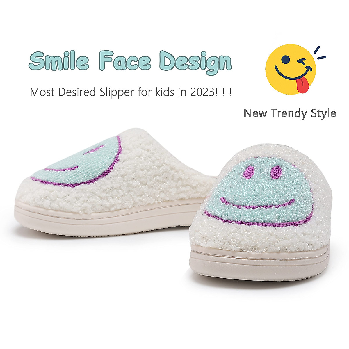V-CEN Smile Face Slippers for Kids Happy Face Slippers for Girls Boys Soft Plush Warm Slipper Anti-Slip Winter Fluffy House Shoes Soft Memory Foam Comfort Cotton Kids Slippers Indoor and Outdoor