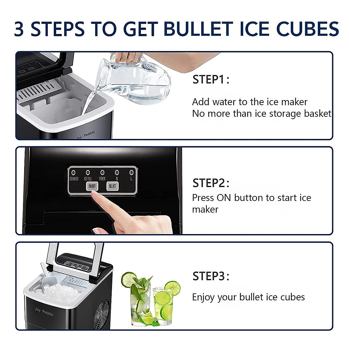 Joy Pebble Portable Ice Maker Ice Machine Countertop,26lbs Bullet Ice Cube in 24H,9 Cubes Ready in 6-8 Minutes,2 Ice Sizes(S/L),Portable Ice Maker with Ice Scoop&Basket for Home/Office/Bar (Black)