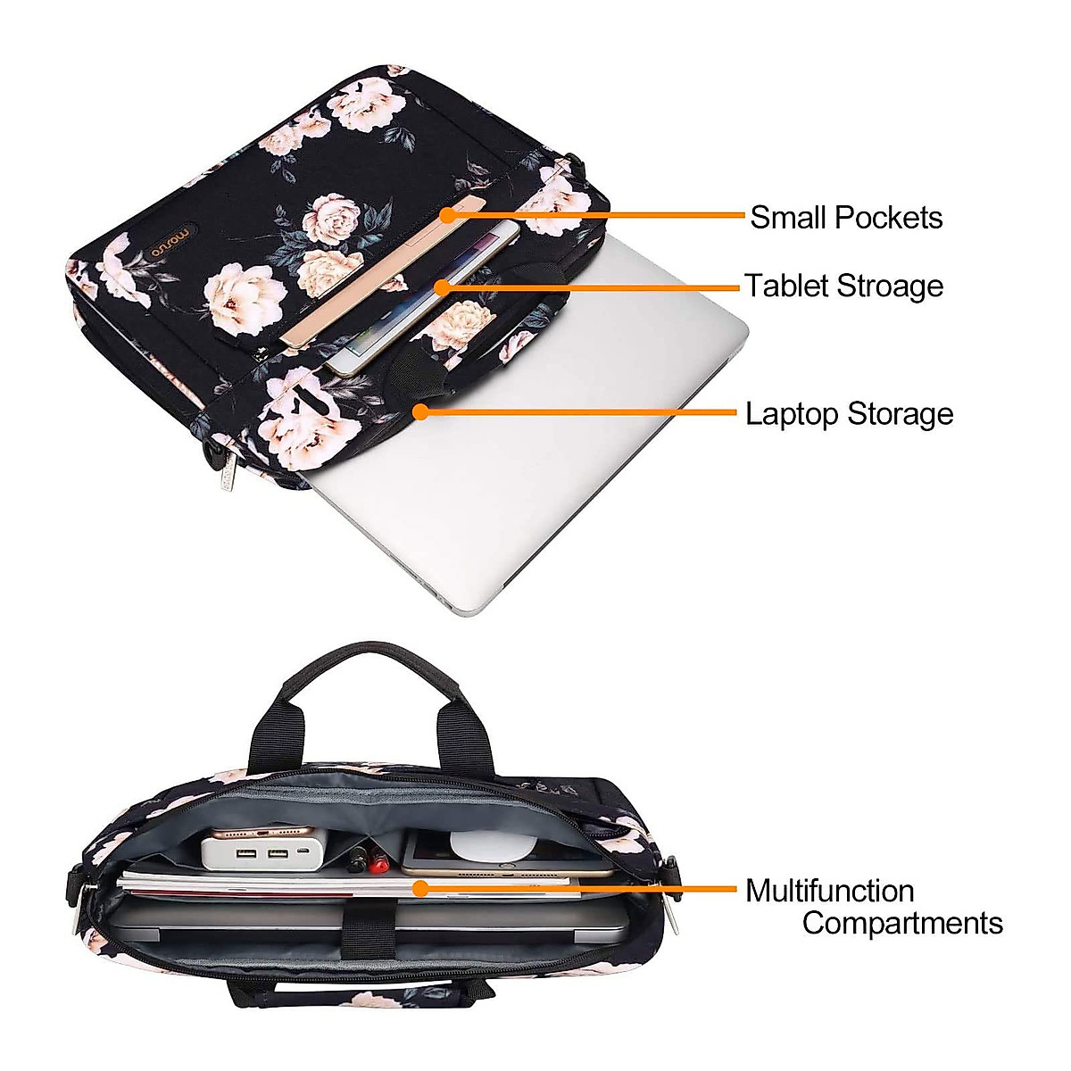 MOSISO Laptop Shoulder Bag Compatible with MacBook Air 15 inch M3 A3114 M2 A2941/Pro 16 M4 M3 M2 M1, 15-15.6 inch Notebook, Camellia Sleeve with Adjustable Depth at Bottom, Black