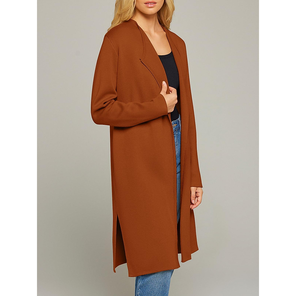 MEROKEETY Womens Fall Long Sleeve Dressy Cardigan Classy Loose Cozy Knitted Long Sweater Jackets, Caramel, L