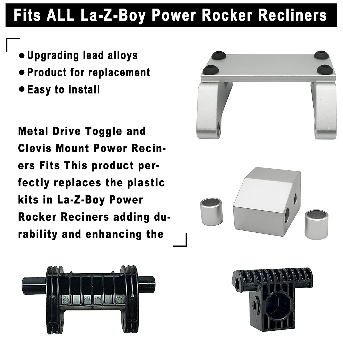 Metal Drive Toggle and Clevis Mount Fit La-Z-Boy/Lazyboy Power Recliners, Includes 4 Elastic Wear Bushings, Fits for La-Z-Boy Power Rocker Recliners
