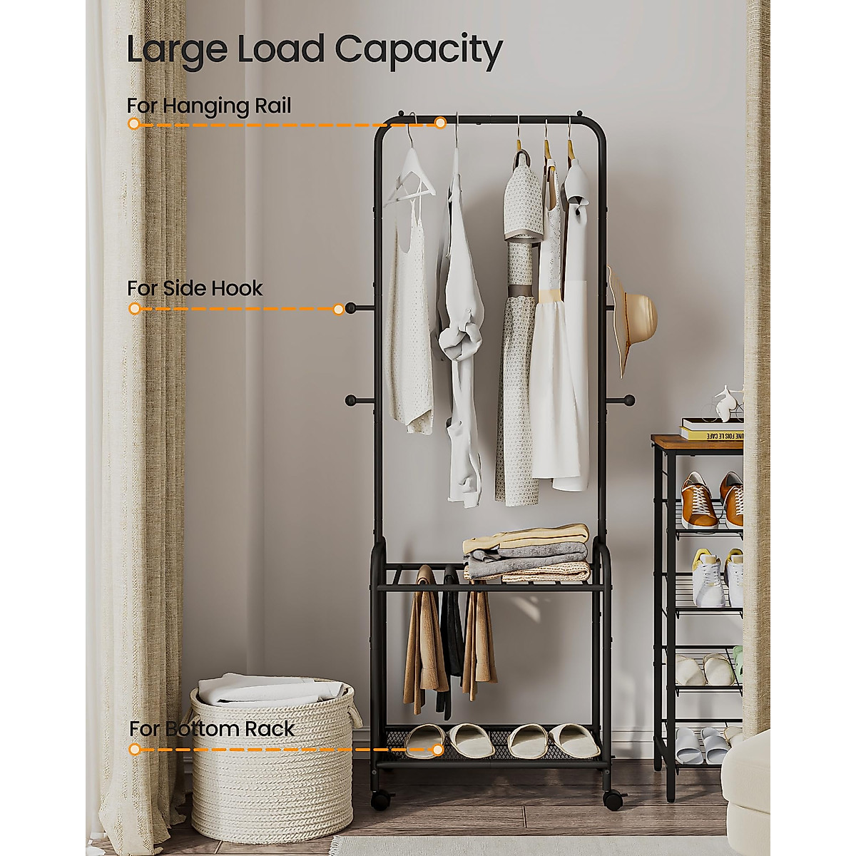 Hzuaneri Clothes Rack, Garment Rack with 2-Tier Storage Shelf, 2-In-1 Design, Clothing Rack with 4 Wheels, Metal Frame Shoe Rack, Coat Rack with 4 Hooks for Bags, 220 lb Max, Black GR07660B