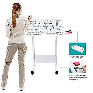 KOUPA Adjustable Height Standing Desk, Writable Tempered Glass Desktop with Eraser, 360° Flip, Wheels – Ideal for Small Spaces and Home Offices, 24 in, White(Adjustable Height: 32-47 in)