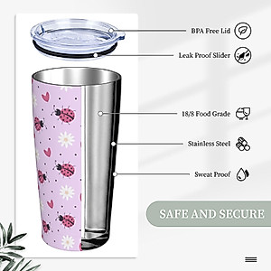 JASROTAO Daisy Ladybug Tumbler,Ladybug 20oz Stainless Steel Insulated Travel Tumbler,Travel Coffee Mug with Lid and Straw Water Bottle Drink Tumbler Cups Gifts for Women Men Lovers