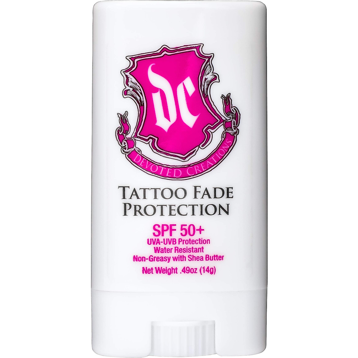 Devoted Creations Tattoo Fade Protection Stick with SPF 50+ UVA-UVB Protection, Water Resistant, Non-Greasy with Shea Butter .49oz (Pink/Blue)