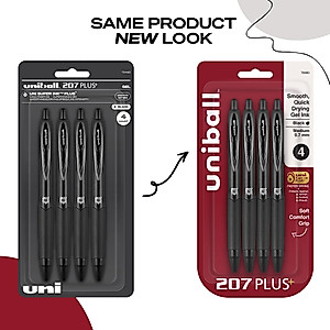 uniball 207 Plus+ Retractable Gel Pens, Medium Point, 0.7mm, Black Ink, 4/Pack (70460)
