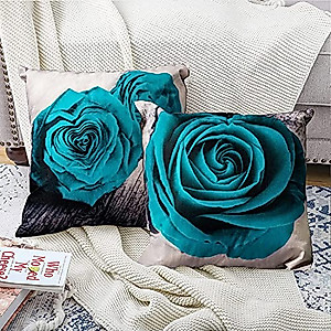 Teal Green Throw Pillow Covers 18x18 Set of 4, Turquoise Rose Flower Couch Pillow Cover Outdoor Patio Furniture Home Decor， Linen Cotton Square Grey Dark Blue Pillowcases Living Room Sofa Decorative