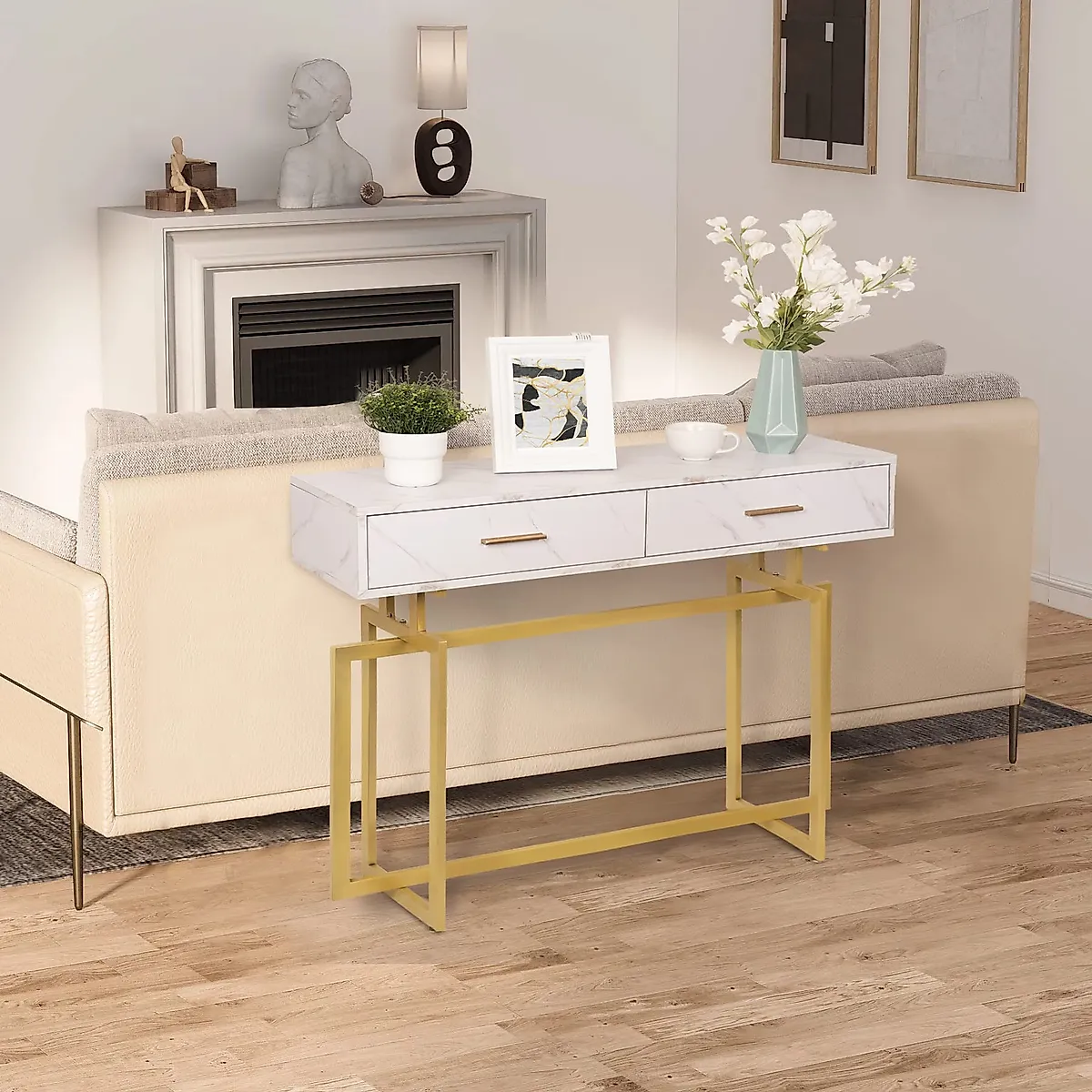 3imothrix Console Table with 2 Drawers, 39.37" Narrow Entryway Table Sofa Table for Hallway, Entrance Hall, Foyer, Corridor, Living Room, Faux Marble, Gold Base
