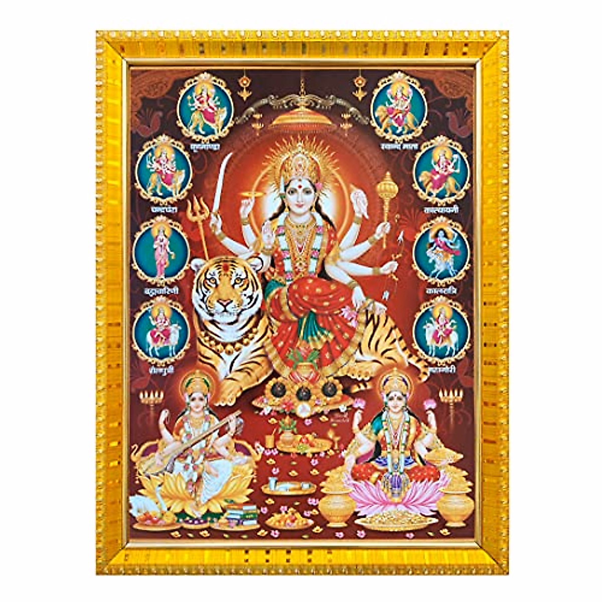 Koshtak Durga maa/vaishno Devi/nav Durga on Tiger maa Saraswati & laxmi Photo Frame with Laminated Poster (30 x 23 cm)(Golden Frame)