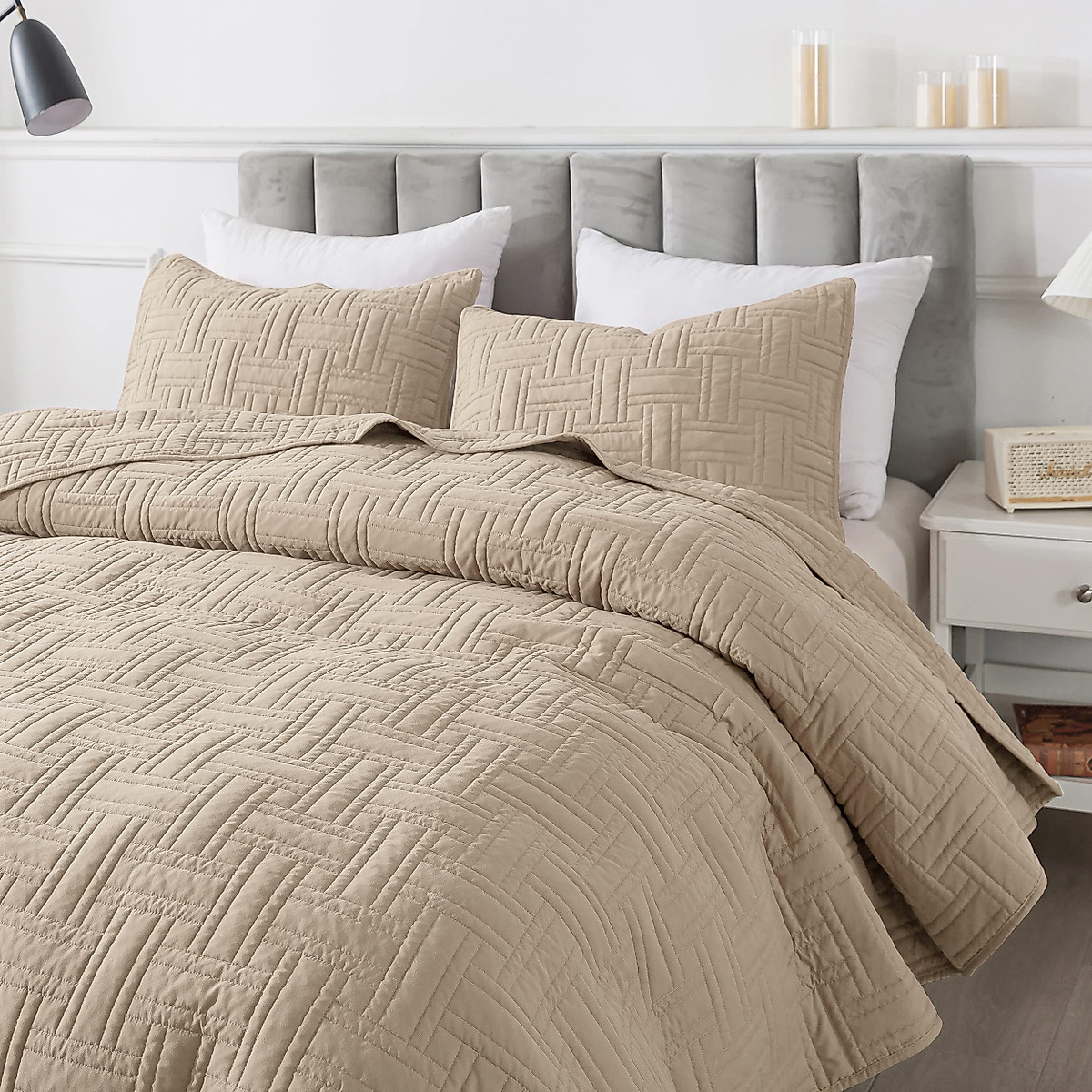 Beige Quilt King Size Bedding Sets with Pillow Shams, Cream Tan Lightweight Soft Bedspread Coverlet, Basket Weave Quilted Blanket Thin Comforter Bed Cover for All Season, 3 Pieces, 104x90 inches