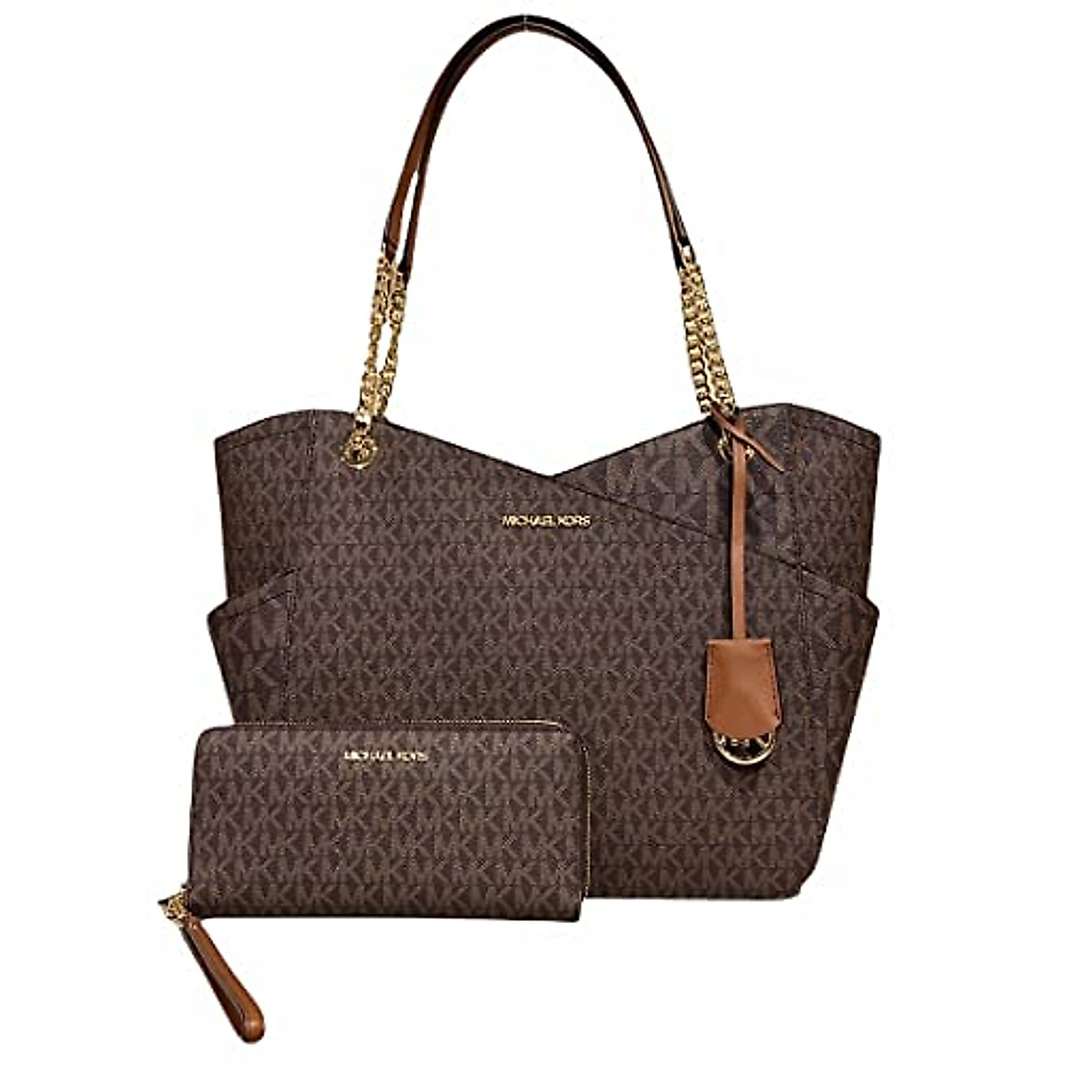Michael Kors Jet Set Travel Large Chain Shoulder Tote Brown MK Signature Bundled with Michael Kors Jet Set Travel Continental Long Wallet Wristlet Brown