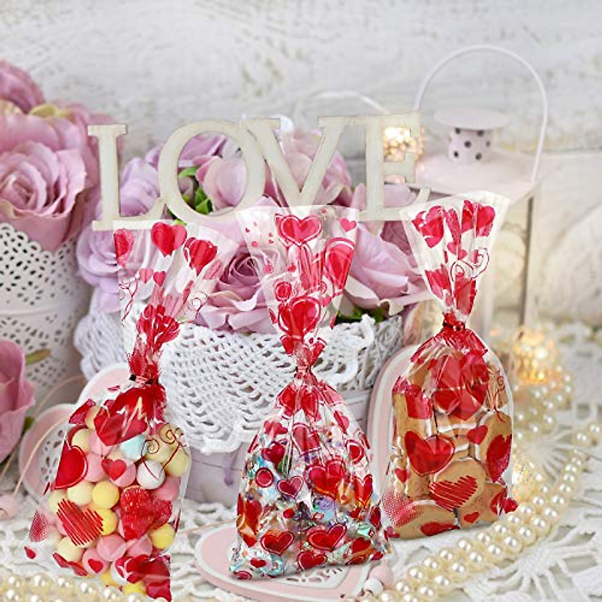 Zonon 175 Pieces Valentine Party Favor Bags Valentine Goodies Bags Valentine Cellophane Bags Valentine Cookie Bag with 200 Pieces Twist Ties for Valentine Party Candy and Cookies