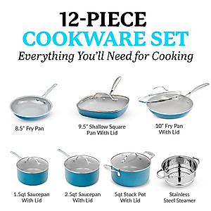 Gotham Steel Aqua Blue Pots and Pans Set, 12 Piece Nonstick Ceramic Cookware, Includes Frying Pans, Stockpots & Saucepans, Stay Cool Handles, Oven & Dishwasher Safe, 100% PFOA Free, Turquoise