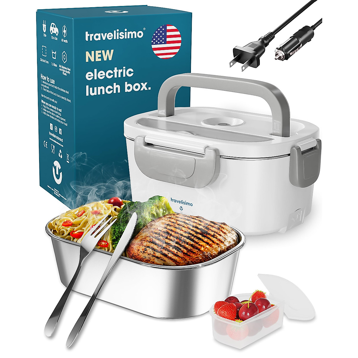 Travelisimo Electric Lunch Box Food Heater High Power 60W, 3 in 1 Portable Heated Lunch Box for Adults for Car Truck & Work 12V 24V 110V, Loncheras Electricas para Calentar Almuerzo