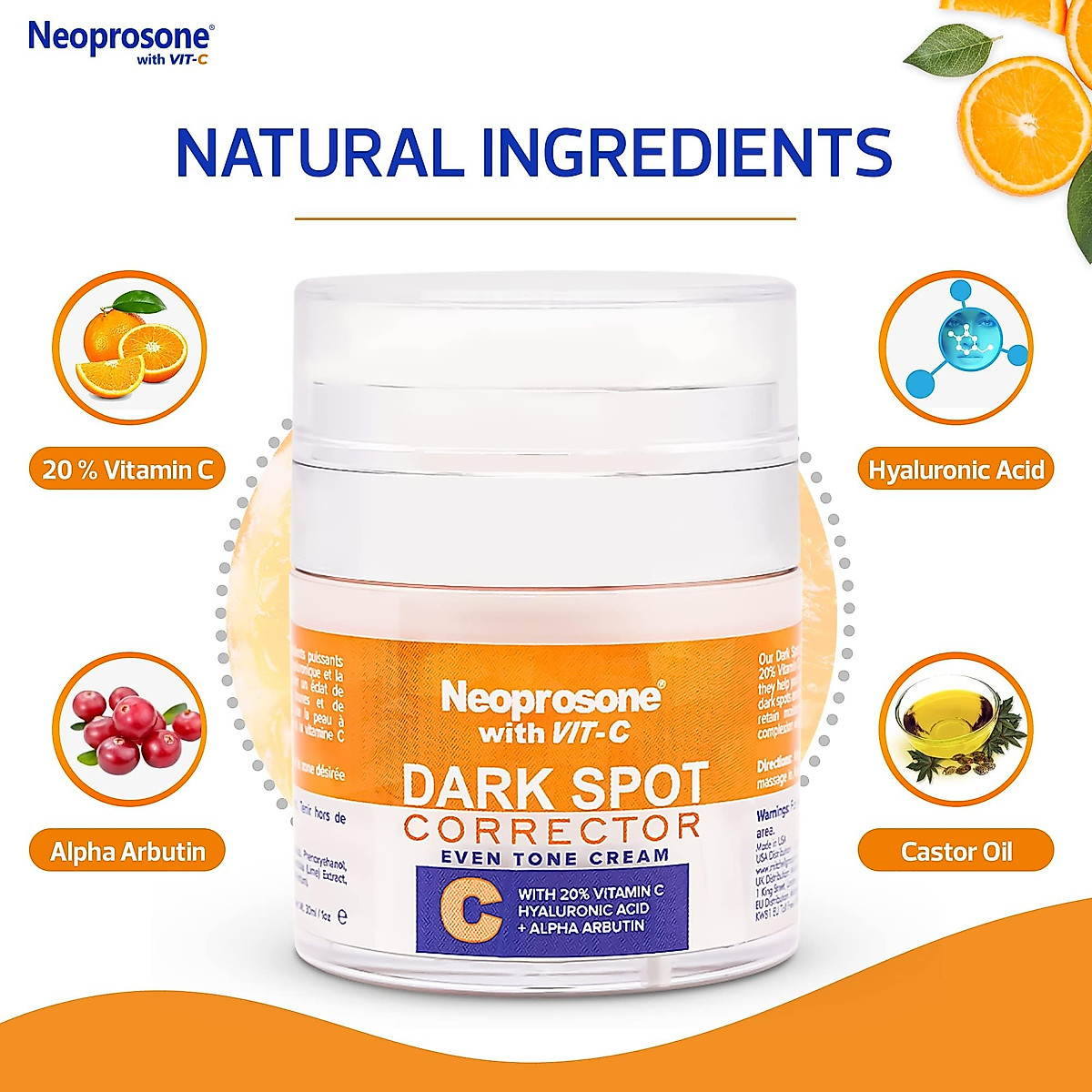 Neoprosone 20% Vitamin C Dark Spot Corrector Cream - 1 Fl oz / 30ml - Skin Brightening Gel Cream - with Hyaluronic Acid, Vitamin E