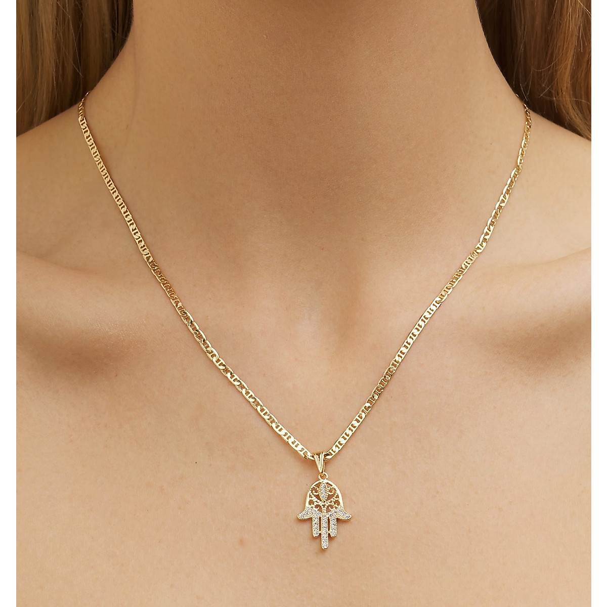 Barzel Hamsa Necklace for Women & Men 18K Gold Plated Flat Mariner/Marina 060 3MM Chain Necklace With Cubic Zirconia Hamsa Hand Pendant (Hamsa, 18)