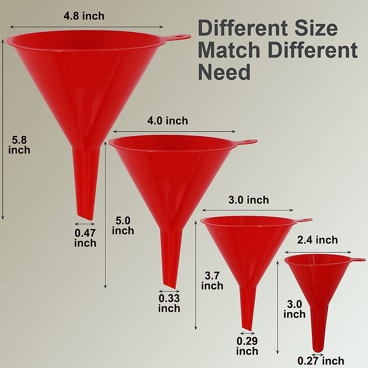 KongNai 4 Pieces Plastic Funnel Set for Kitchen and Automotive Use, Mini, Small, Medium and Large Funnel for Filling Bottles, Canning, Cooking, Lab or Car Oil Funnels