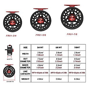 Kylebooker Fly Fishing Reel Large Arbor with Aluminum Body Fly Reel 3/4wt 5/6wt 7/8wt (Black with Red, 7/8wt)