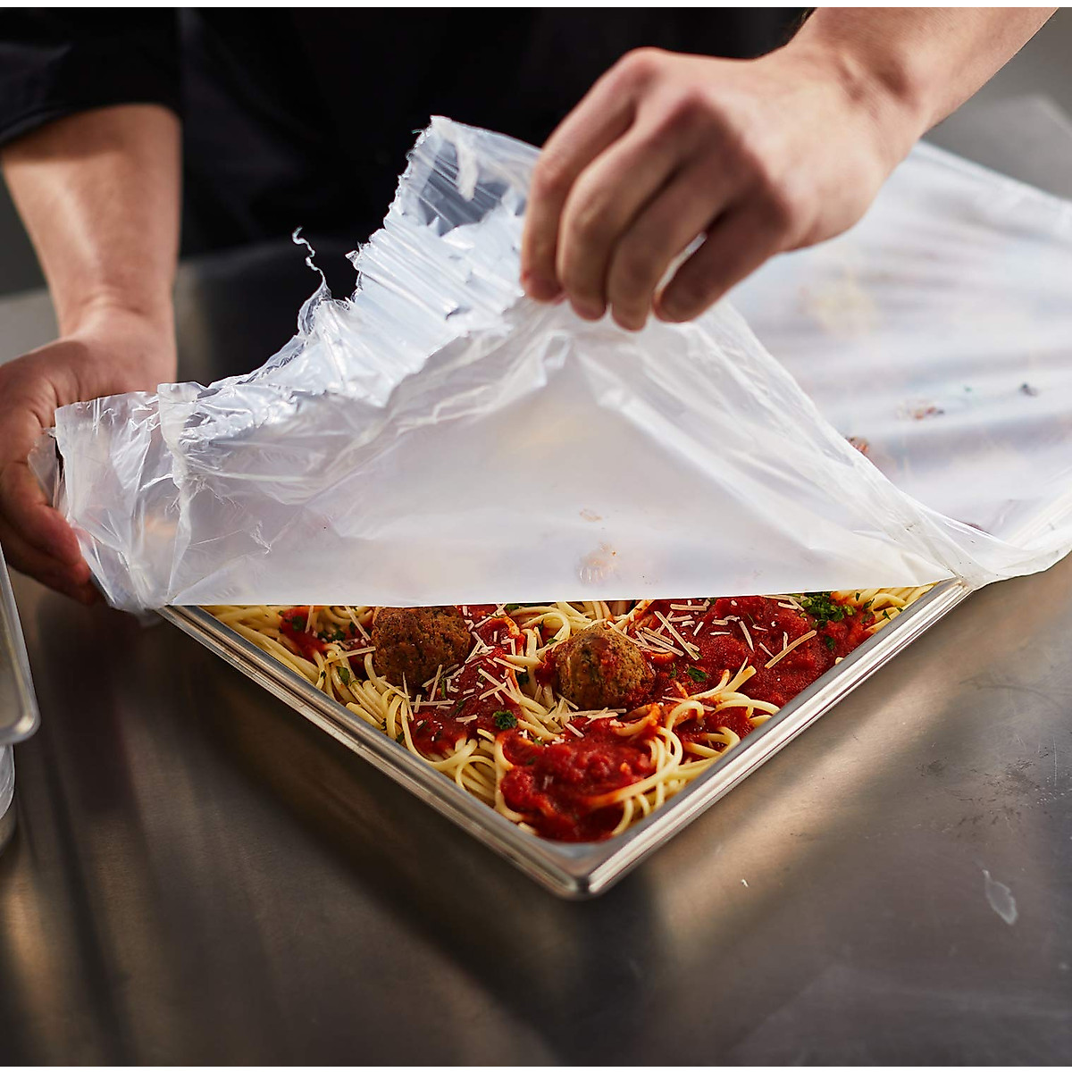 PanSaver Disposable Clear Half Pan Covers for Shrink Tight Food Storage & Easy Transportation - Commercial Food Cover (23 x 6 IN, 50 Pack)