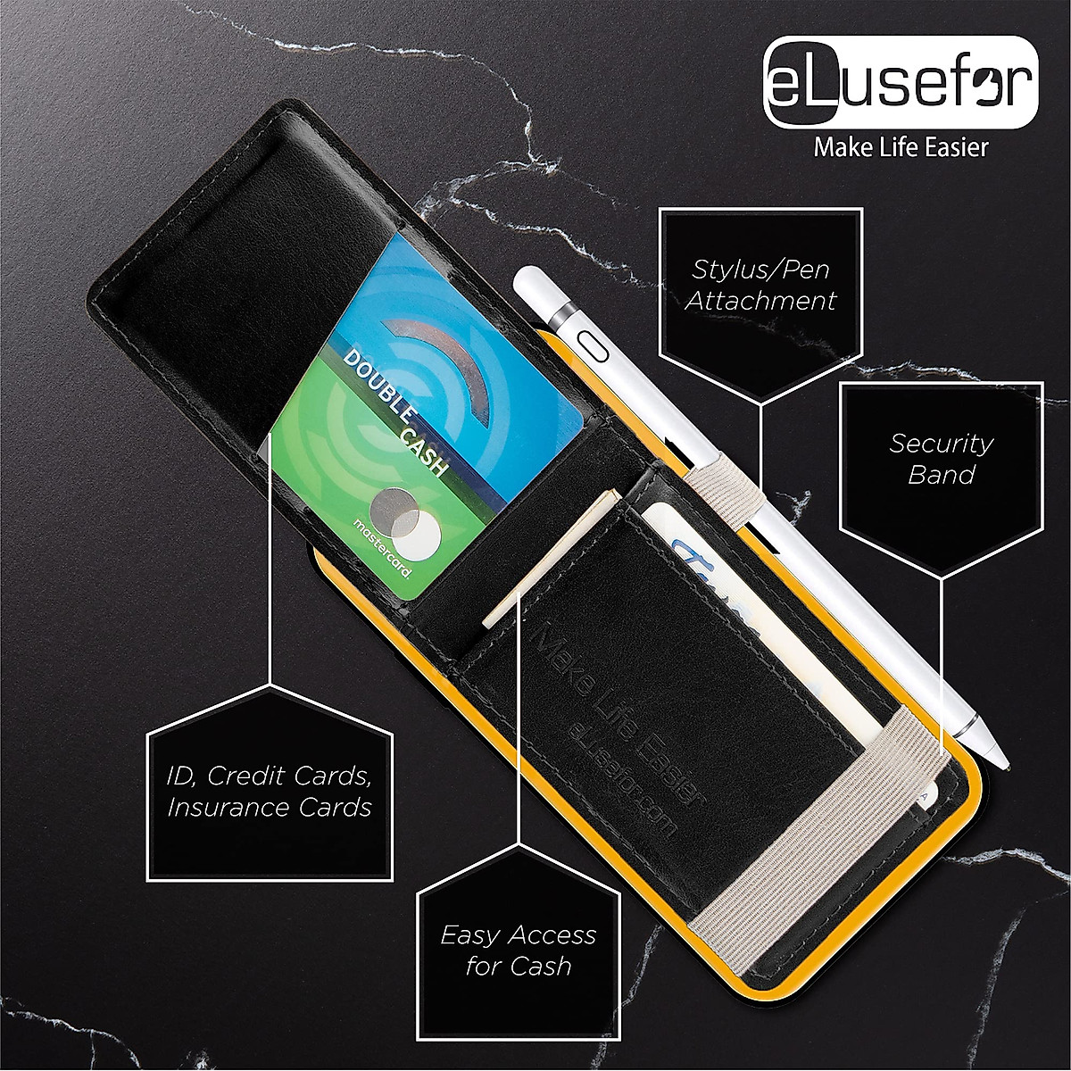 eLusefor Stick-On Phone Wallet & Card Holder for Back of iPhone or Android Case - Black