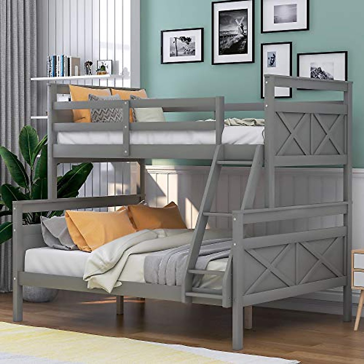 Ochangqi Twin Over Full Bunk Bed Frame with Ladder, Solid Wood Bunk Beds Loft Bed Frame Twin Over Full Size with Guardrail, Can Be Separated Into Twin/Full Size Bed, No Box Spring Needed (Gray)