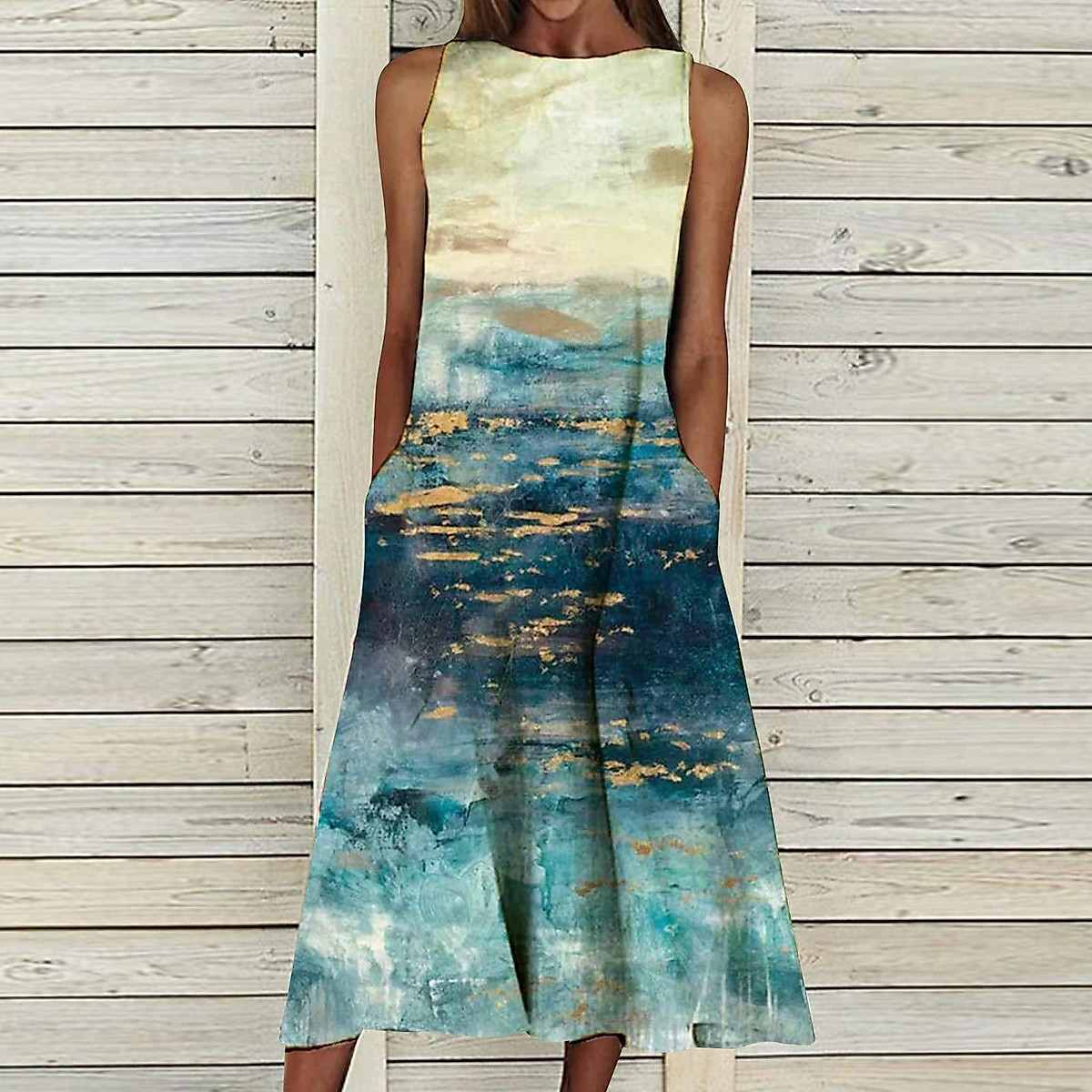 Padaleks Womens Summer Beach Holiday Dress Sleeveless Crewneck Loose Sundress Casual Tank Dresses with 2 Pockets Blue