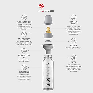 BIBS Baby Glass Bottle. Anti-Colic. Round Natural Rubber Latex Nipple. Supports Natural Breastfeeding, Complete Set - 225 ml, Cloud