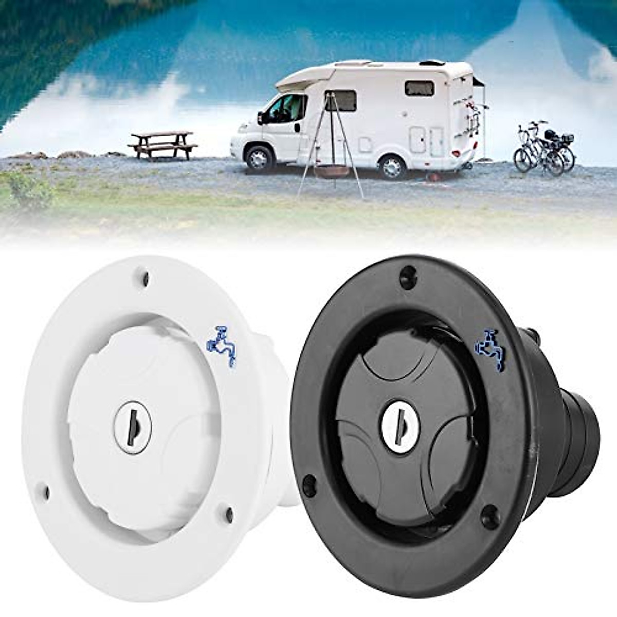 Gorgeri Black Fresh Water Fill Hatch Inlet Round Water Inlet Fill Lock Tank Filling Port W/Key for RV Yacht Camping Suitable for Yacht Camper Trailer(Black)