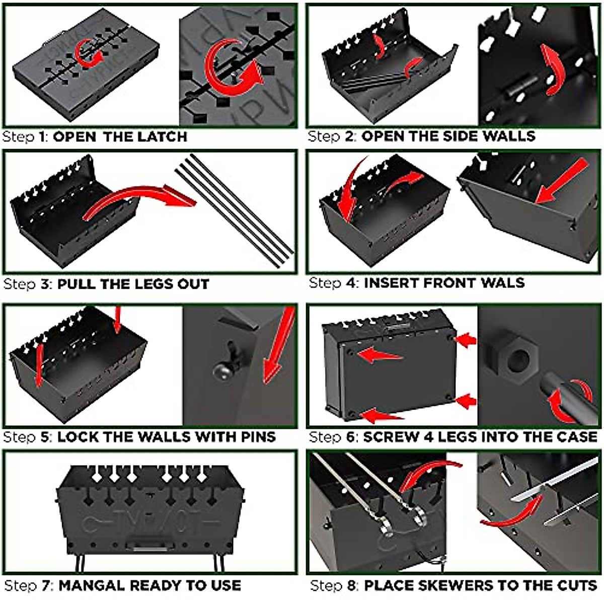 Charcoal Grill for 8 Skewers - Portable Barbecue 16.9"×11.8"×23.6" Kabob Camp Grills - Foldable Metal Mangal - Kebab Shish - BBQ for EDC Picnic Outdoor Cooking Camping Hiking