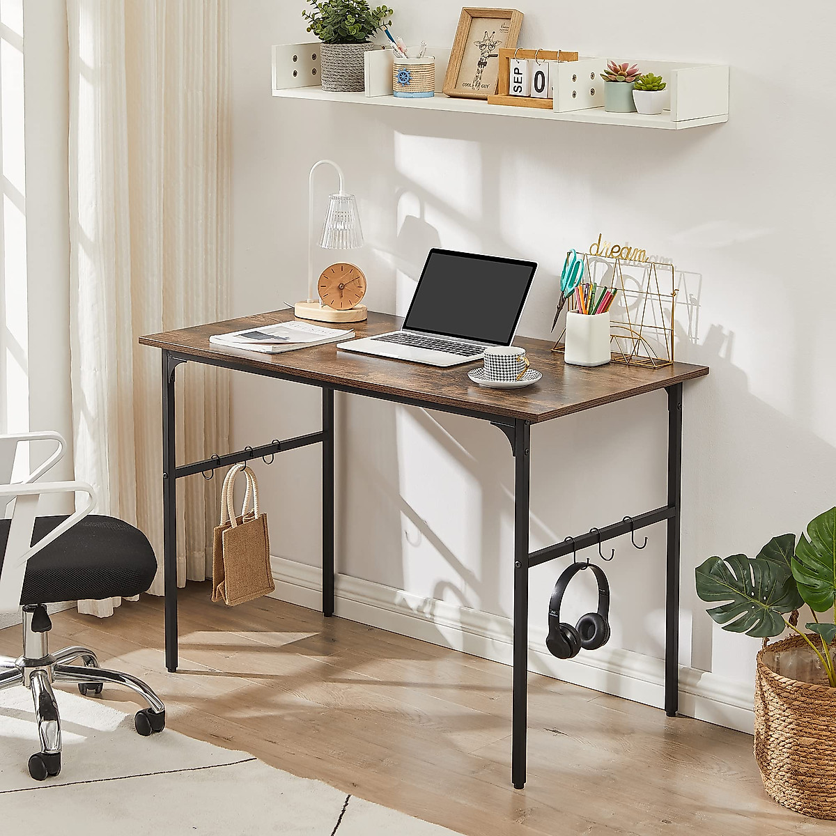 VECELO 44" Computer Writing Desk for Home Office, Study Table Workstation for Small Spaces with 6 Hooks & Adjustable Legs, Metal Frame,Brown, 44Inches