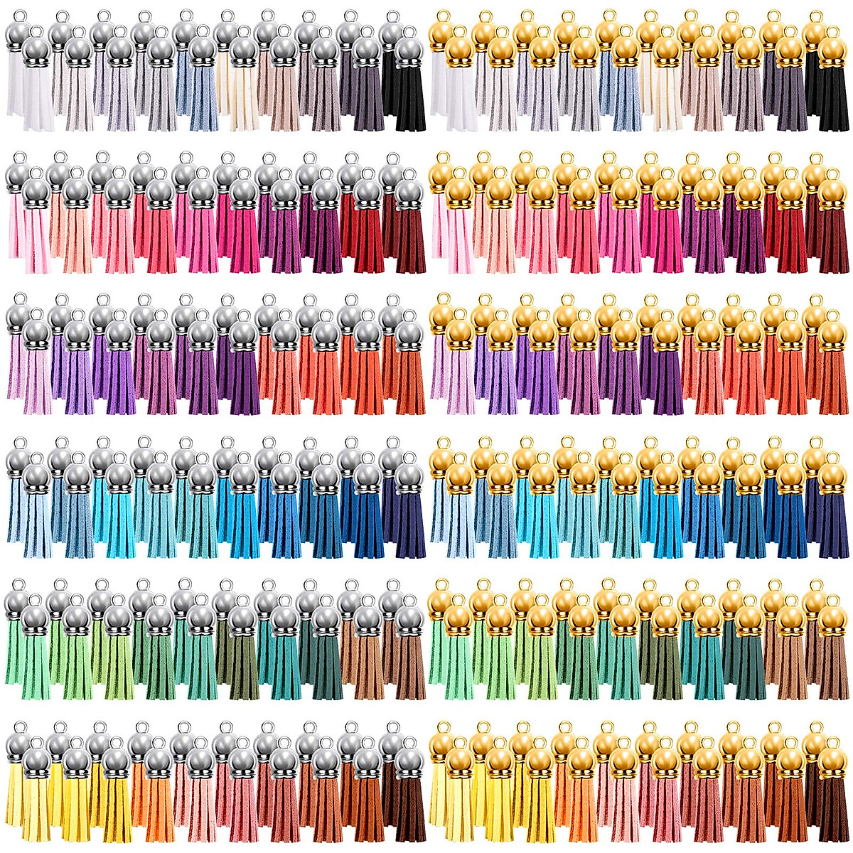 Duufin 240 Pieces Keychain Tassels Bulk Leather Tassel Pendants Colorful Tassel for Keychain, Craft and DIY Projects, 60 Colors (Gold and Silver Cap)