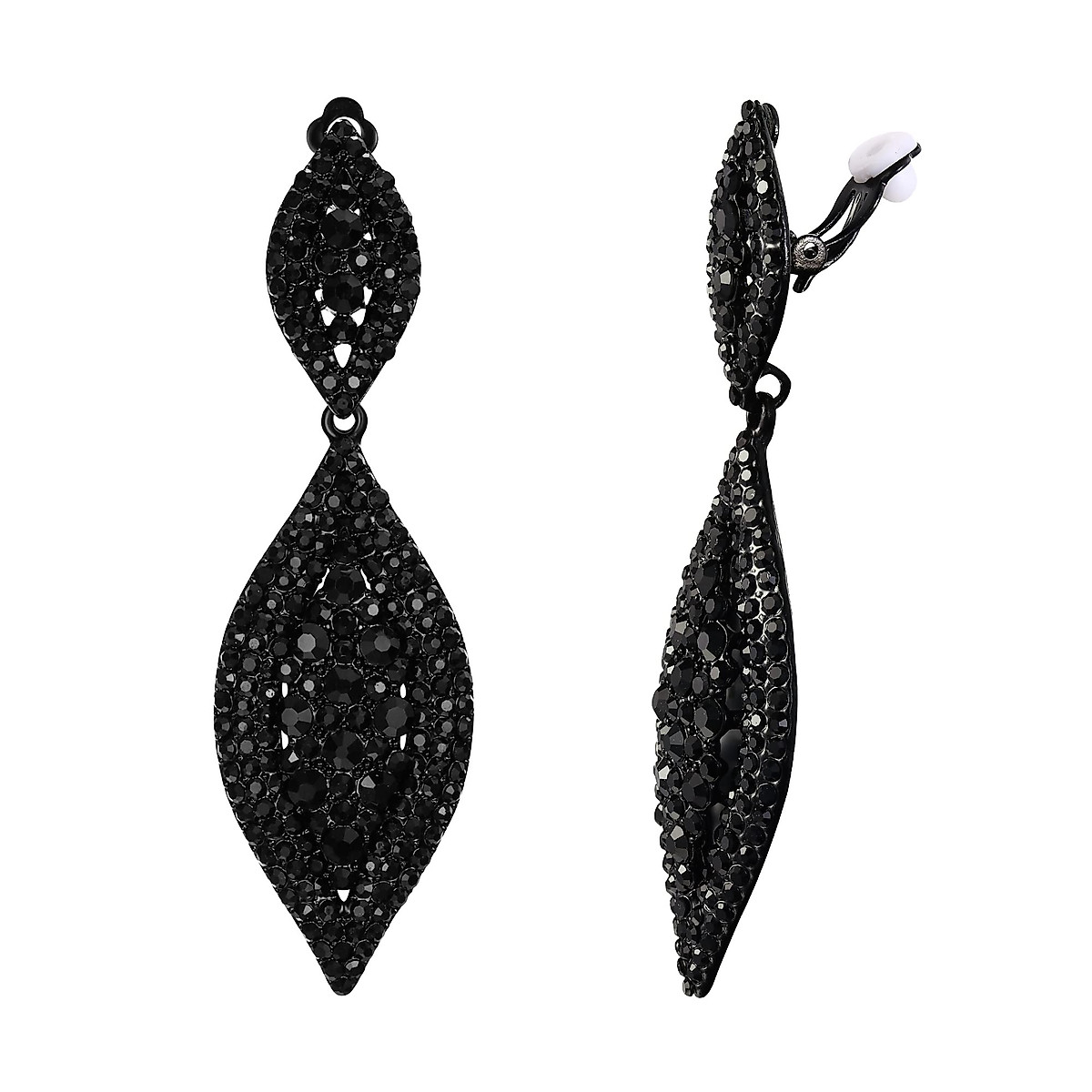 Flyonce Clip On Earrings for Women Rhinestone Crystal Wedding Bridal Clip-on Drop Dangle Earrings Black Black-Tone
