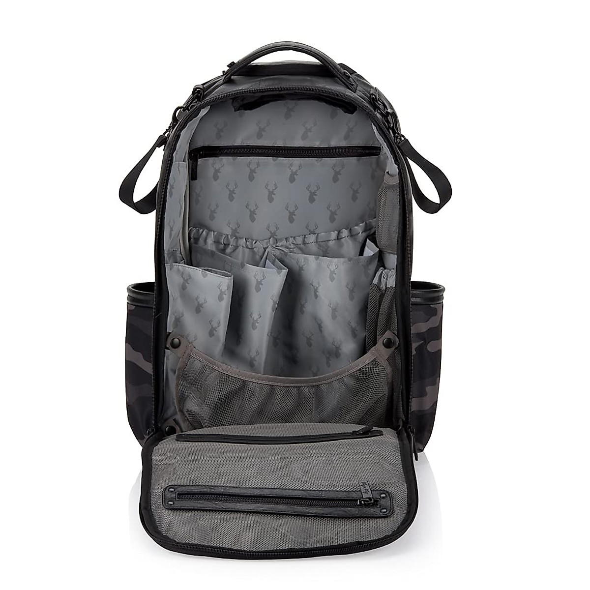 Itzy Ritzy Chelsea + Cole Diaper Bag Backpack - Large Capacity Boss Backpack Diaper Bag; Includes Changing Pad, Stroller Clips and Tassel, Camo with Stag Head Print Interior and Black Hardware