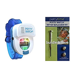 Potty Time:The Original Potty Watch|Water Resistant,Toilet Training Aid,Warranty(30|60|90 Min Auto Timers w/Music & Flashing Lights for Fun & Gentle Reminders) Blue+Savanna Sticker Chart+Battery Kit
