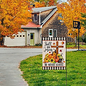Artofy Fall for Jesus Cross Religious Pumpkin Home Decorative Garden Flag, Autumn Yard Lawn Sunflower Outside Decor, Buffalo Plaid Check Farmhouse Outdoor Small Burlap Decoration Double Sided 12 x 18
